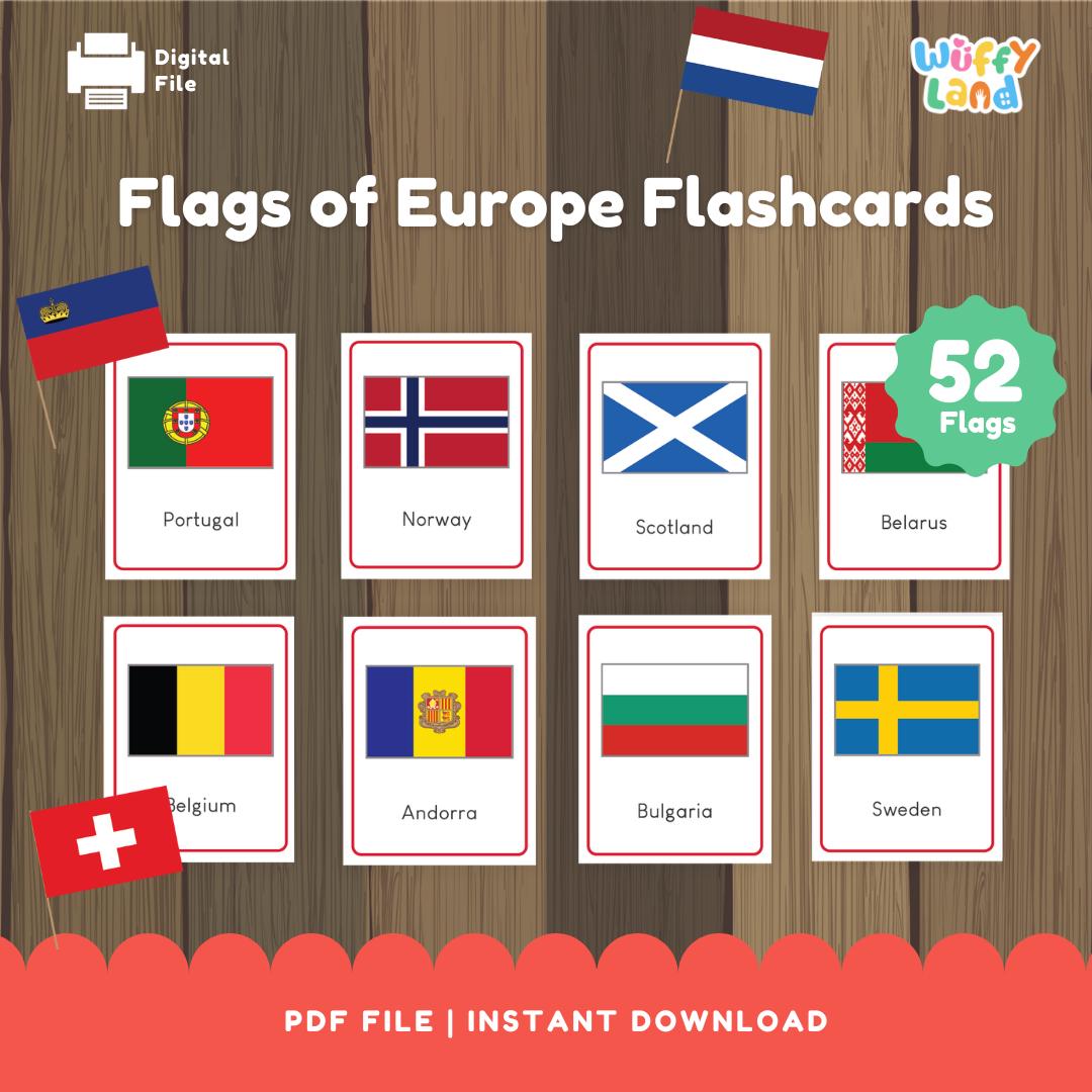 Flags of Europe Flashcards 52 Printable Geography Cards for Kids ...