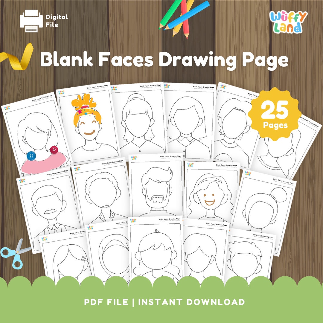 Blank Faces Drawing Pages, Printable Download, Preschool, Kindergarten ...
