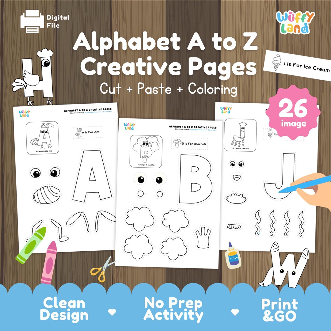 Alphabet A to Z Worksheets for Kids | Cut and Paste Coloring Activity ...