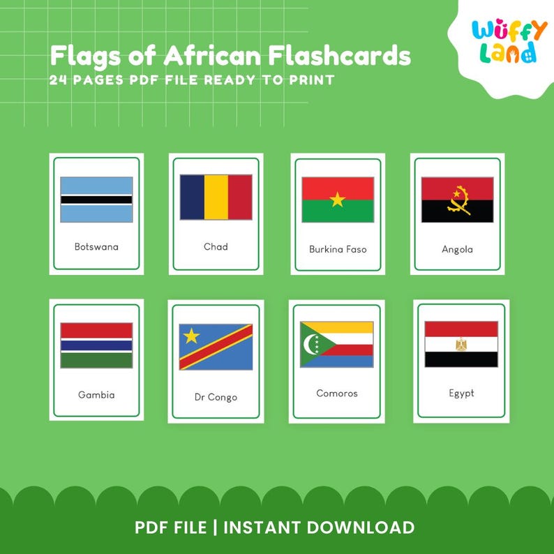 Flags of Africa Flashcards 57 Educational Cards for Kids, Instant ...