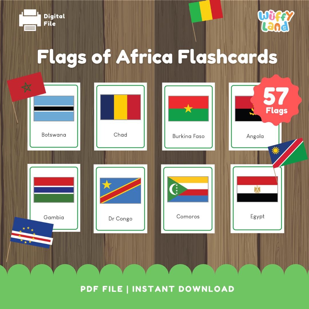 Flags of Africa Flashcards 57 Educational Cards for Kids, Instant ...