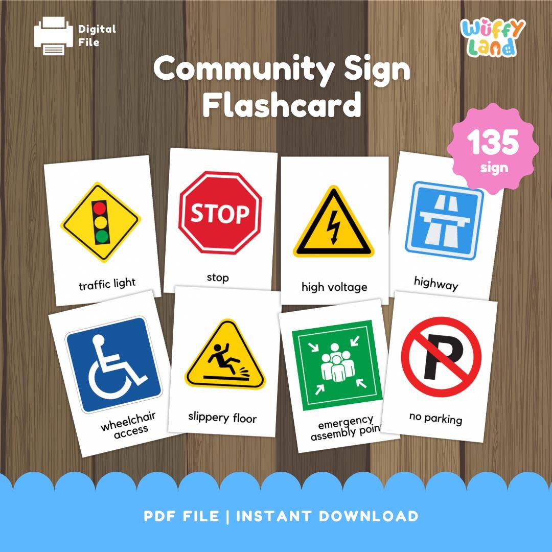 Community Signs Flashcards | Traffic & Safety Sign Cards for Kids, ESL ...