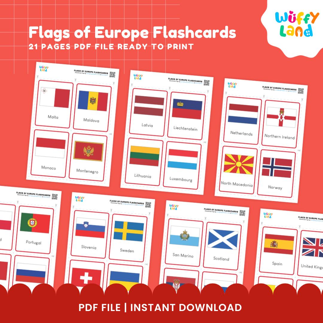 Flags of Europe Flashcards 52 Printable Geography Cards for Kids ...