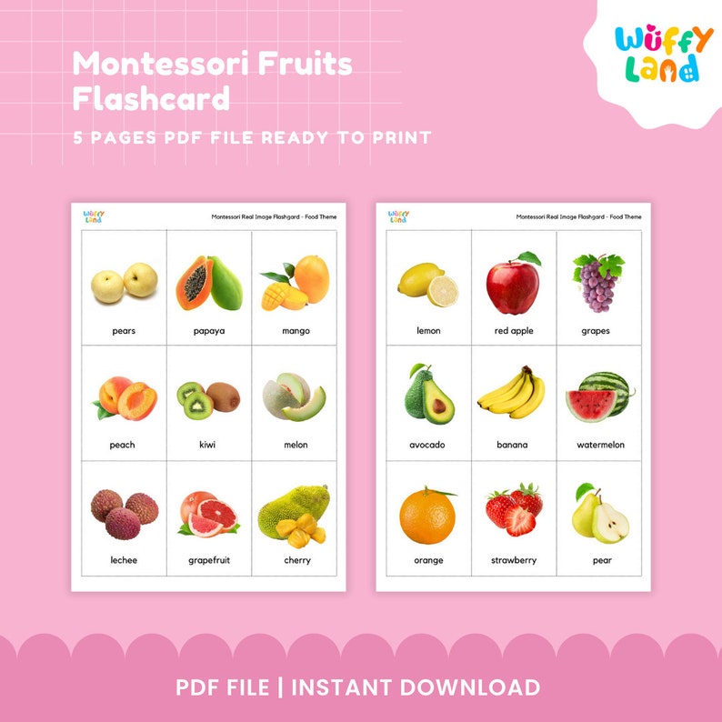 Montessori Fruits Flashcard, Handdrawing Fruit Flashcard, Toddler ...