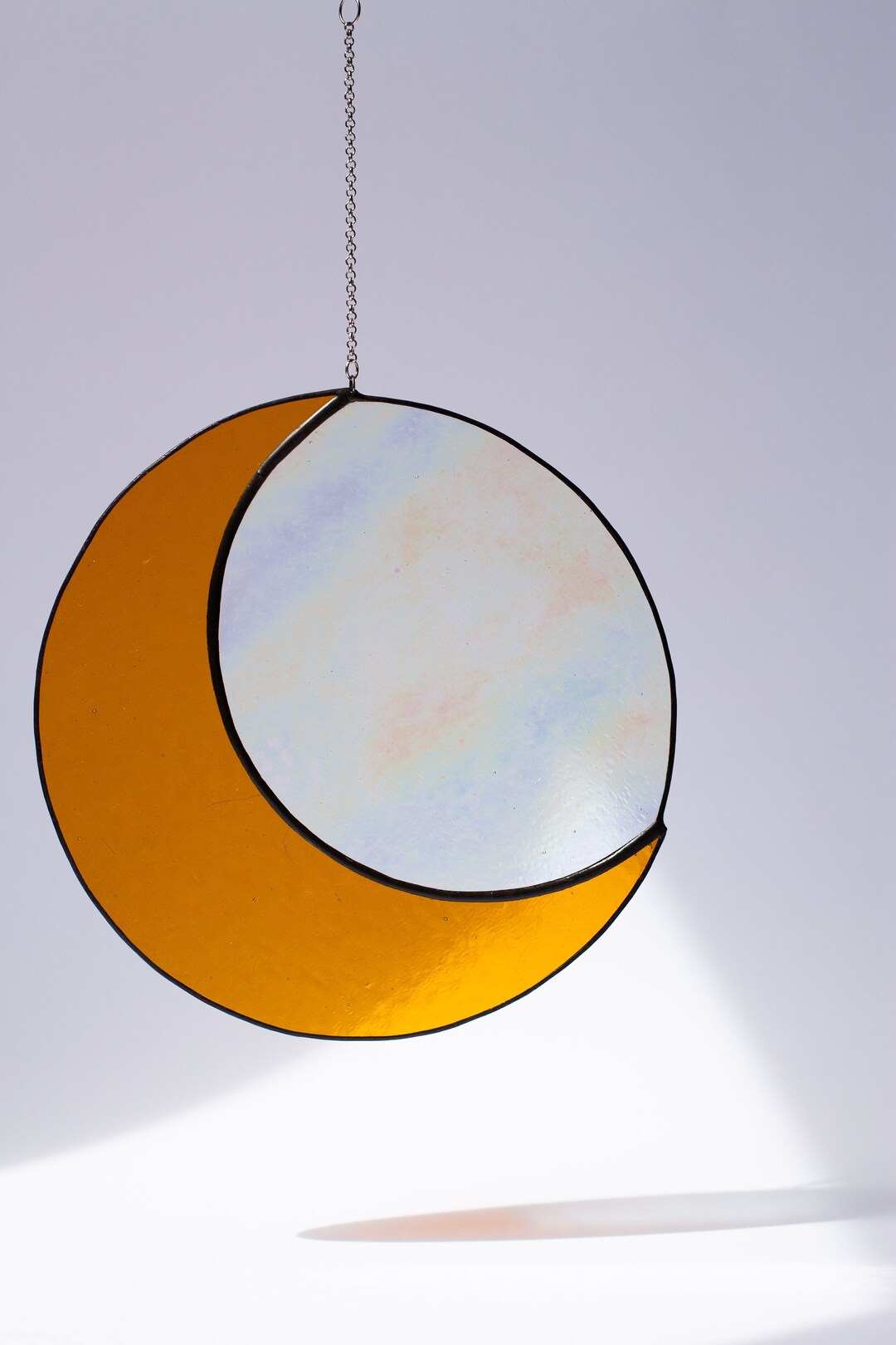 Stained Glass Moon Suncatcher, Iridescent and Amber Crescent Moon ...
