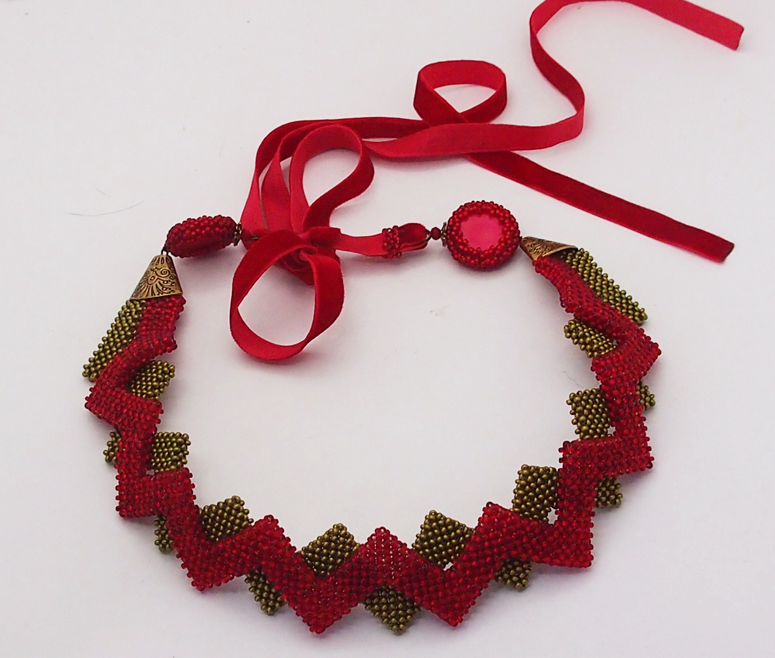 Red and Bronze Braided Choker Reversible Beaded Necklace - Etsy