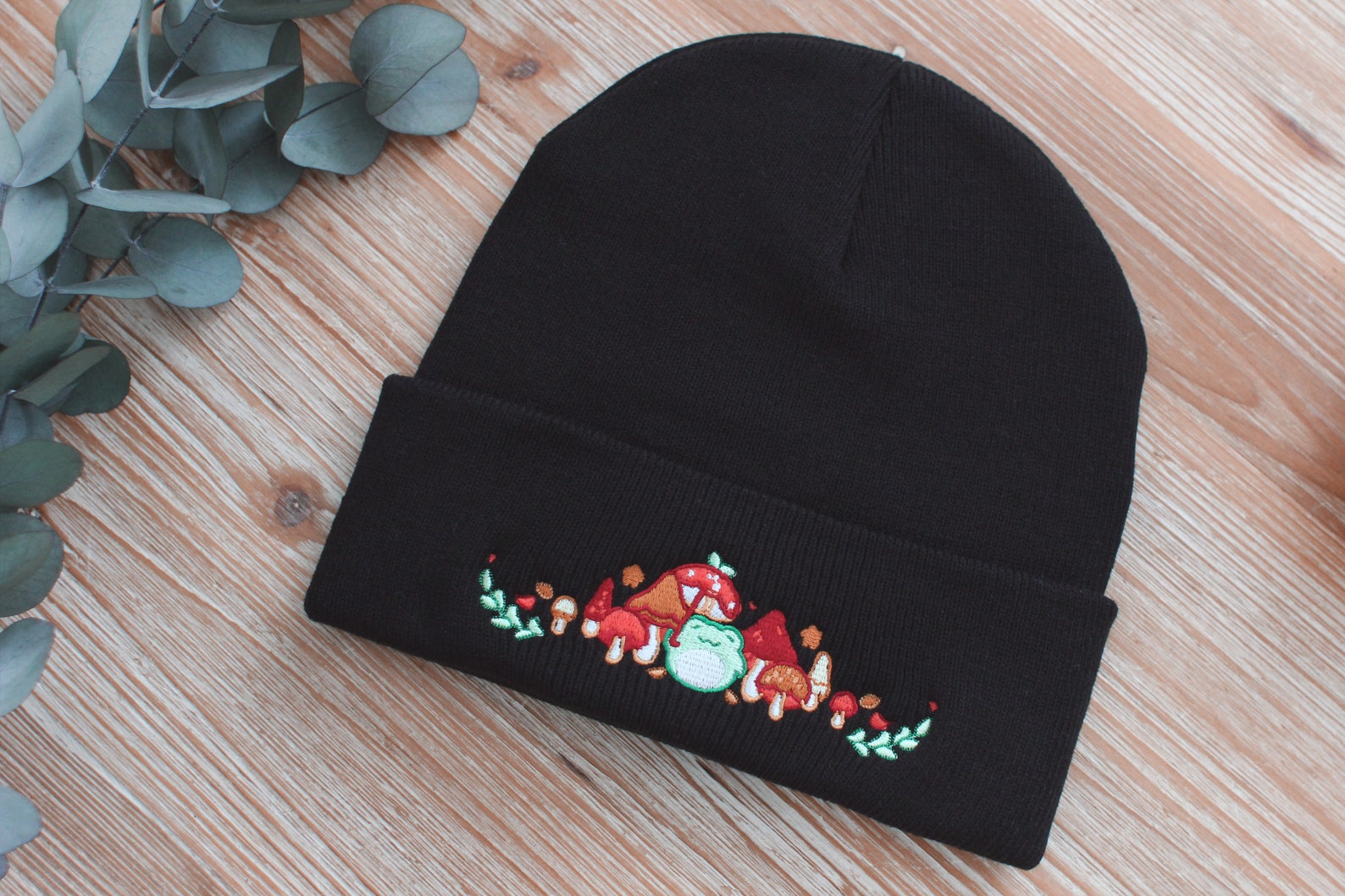 Embroidered Cozy Autumn Frog & Mushroom | Black Winter Beanie | Kawaii ...