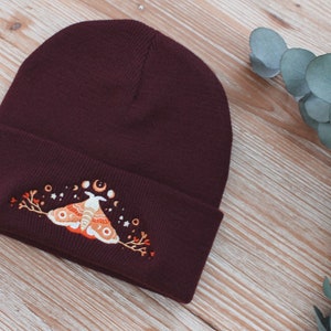 Cute Moon Moth Beanie | Dark Red Warm Beanie | Kawaii Aesthetic ...