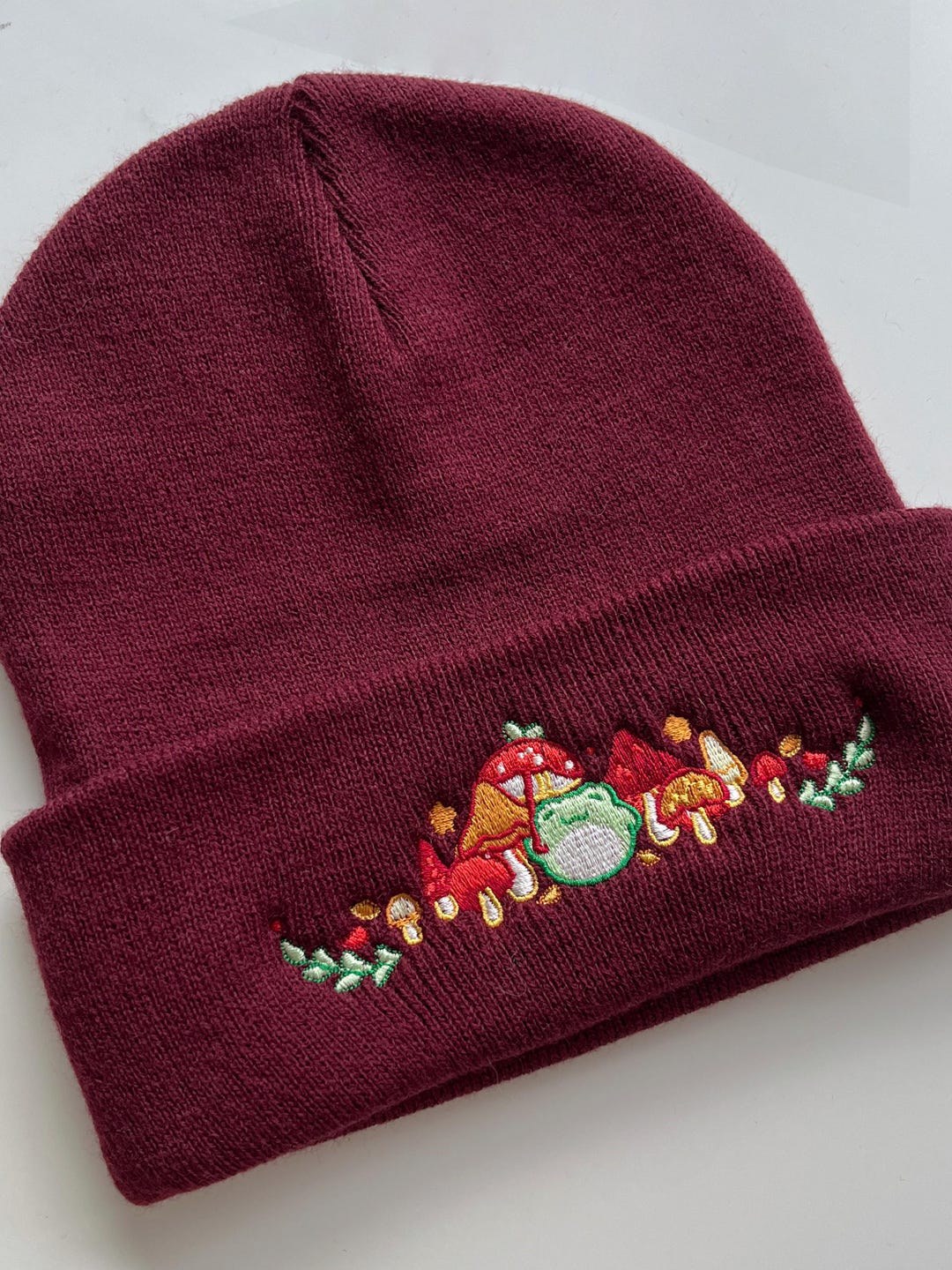 Embroidered Cozy Autumn Frog & Mushroom | Burgundy Winter Beanie ...