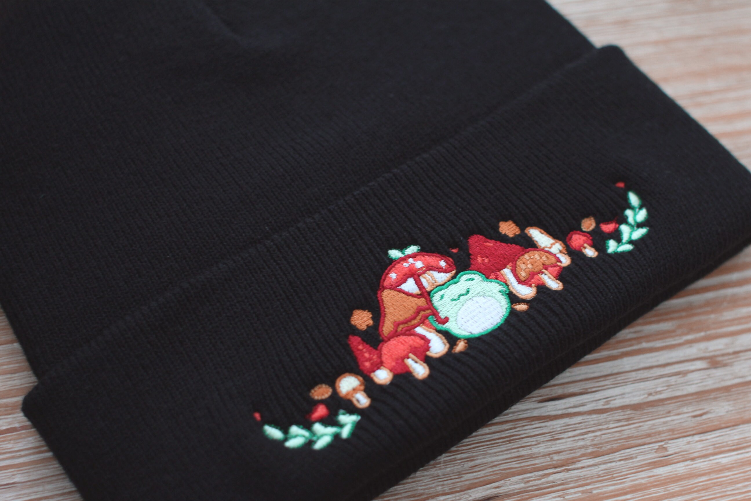 Embroidered Cozy Autumn Frog & Mushroom | Black Winter Beanie | Kawaii ...
