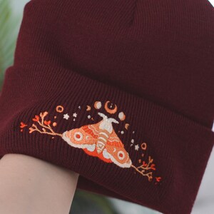 Cute Moon Moth Beanie | Dark Red Warm Beanie | Kawaii Aesthetic ...
