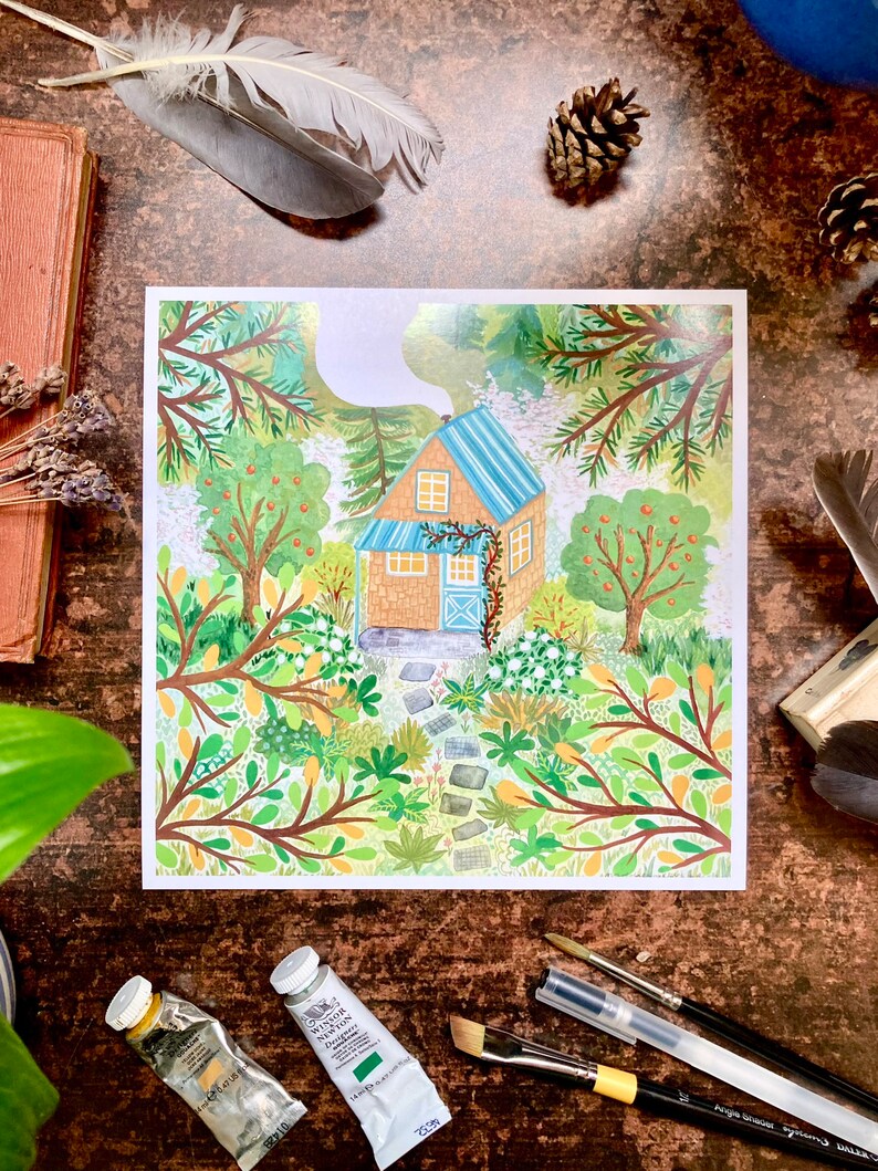 Spring Cottage Art Print | Cottagecore Forest Garden Tiny House Wall ...