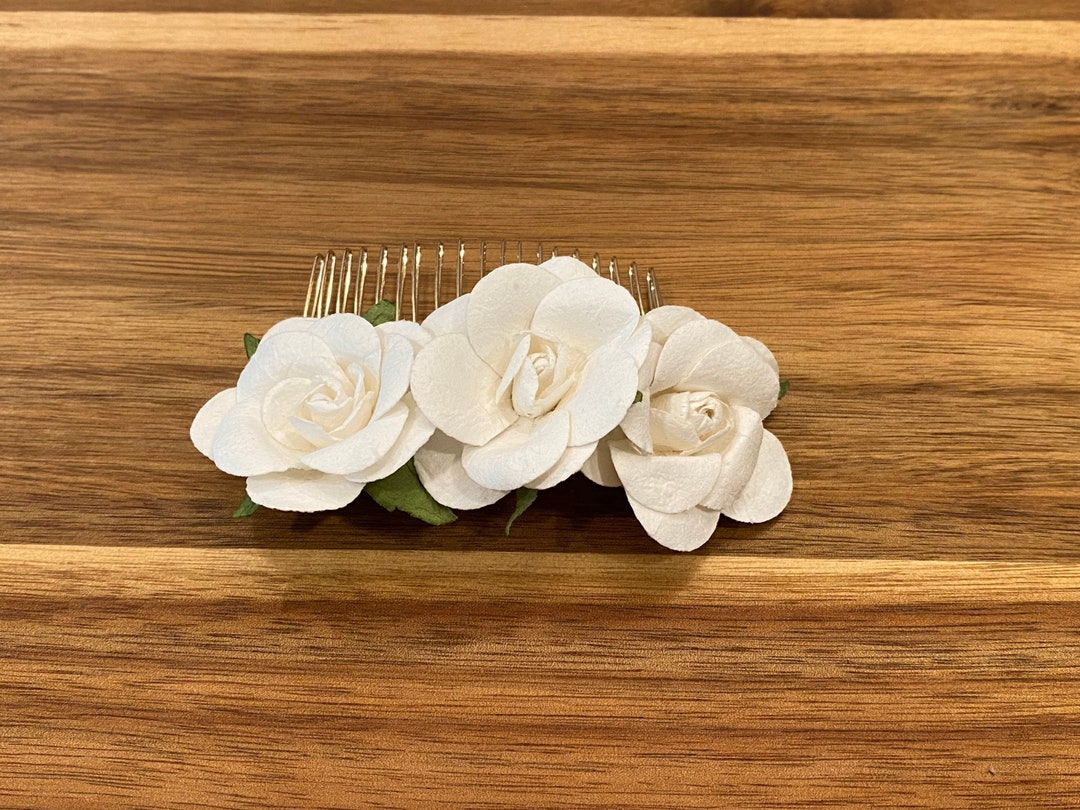 White Rose Hair Comb, Floral Hair Piece, Bridal Hair Comb, White Flower ...