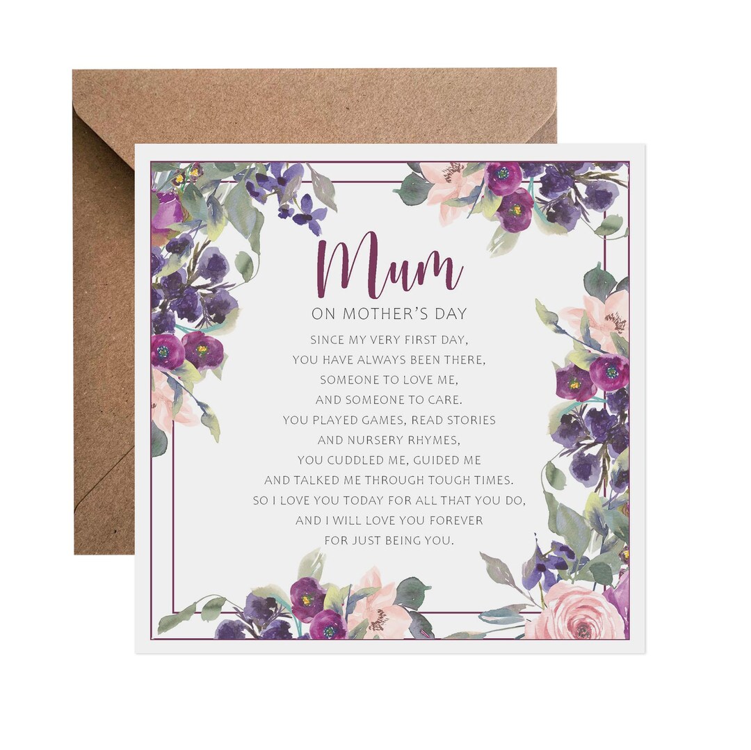 Mum, Mam, Mom Etc - Purple Floral Sentimental Keepsake Poem Mother's ...