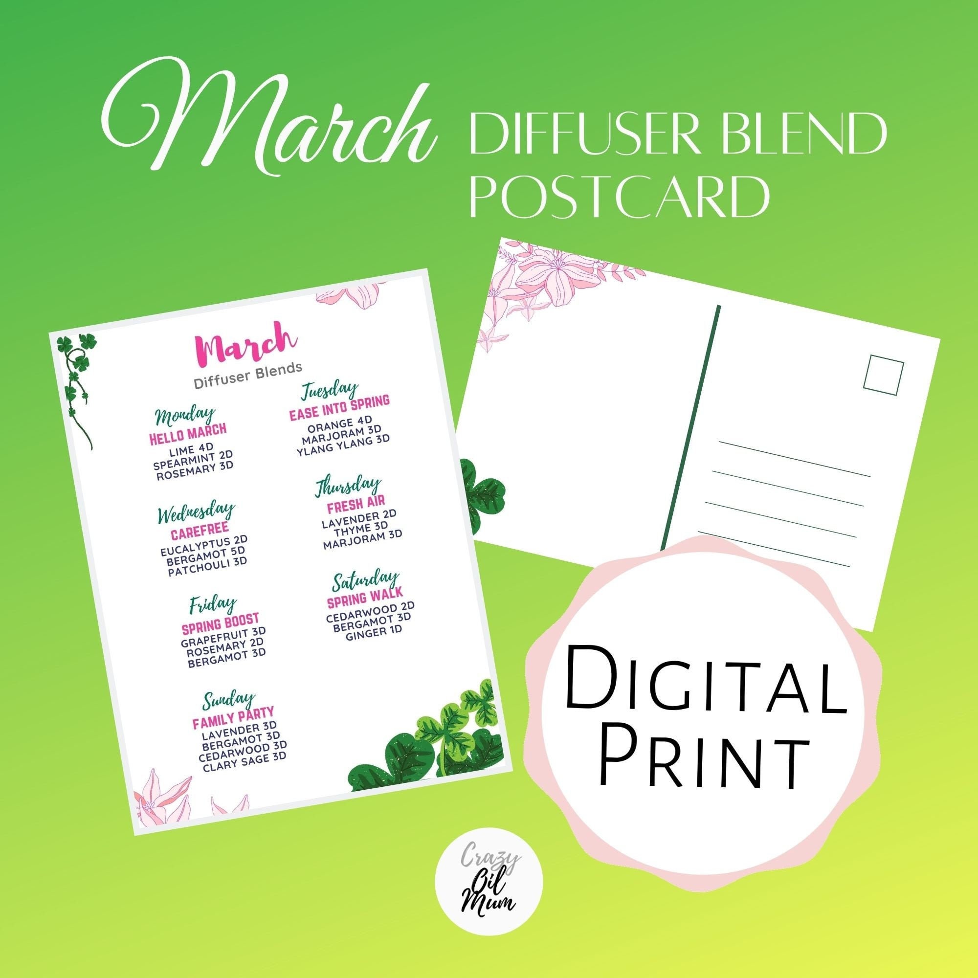 March Diffuser Blends Postcard Natural Essential Oil Printable Art