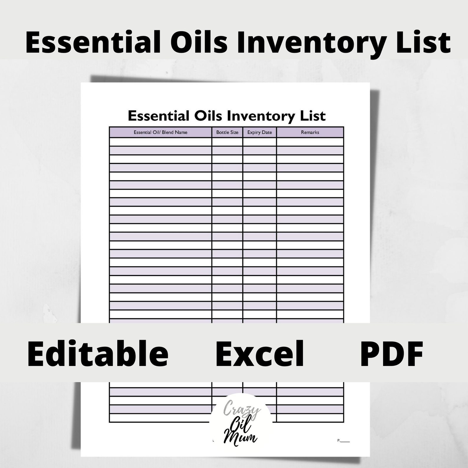 Blank Essential Oils Inventory List Printable. Fully Editable Excel ...