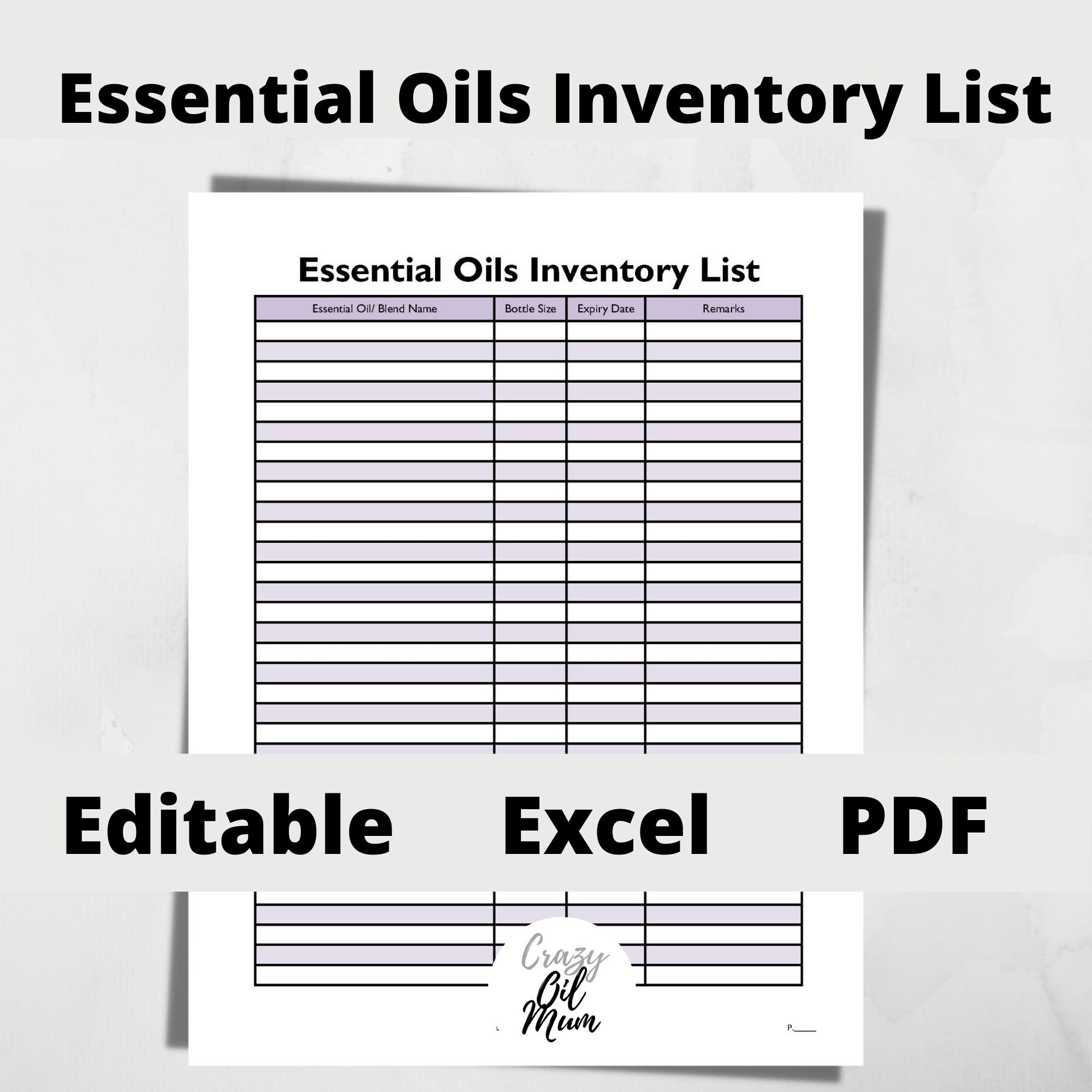 Blank Essential Oils Inventory List Printable. Fully Editable Excel ...