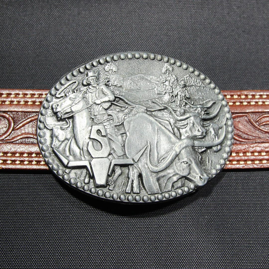 Western Cowboy & Cattle Belt Buckle – Zee Series, Silver Tone Rodeo ...