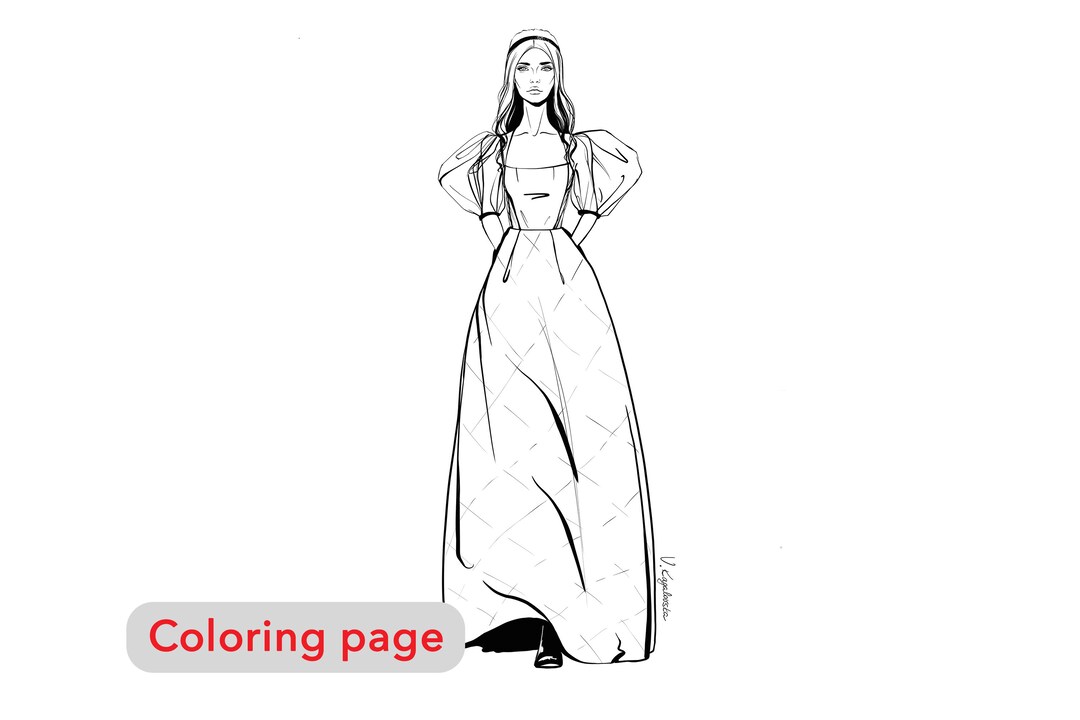 Coloring Page Girl in Long Dress, Girl Portrait, Digital Download ...
