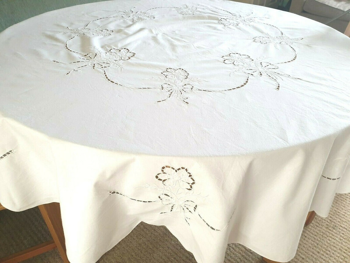 Nappe ronde blanche vintage Brodée à la main 100% Coton dia | Etsy