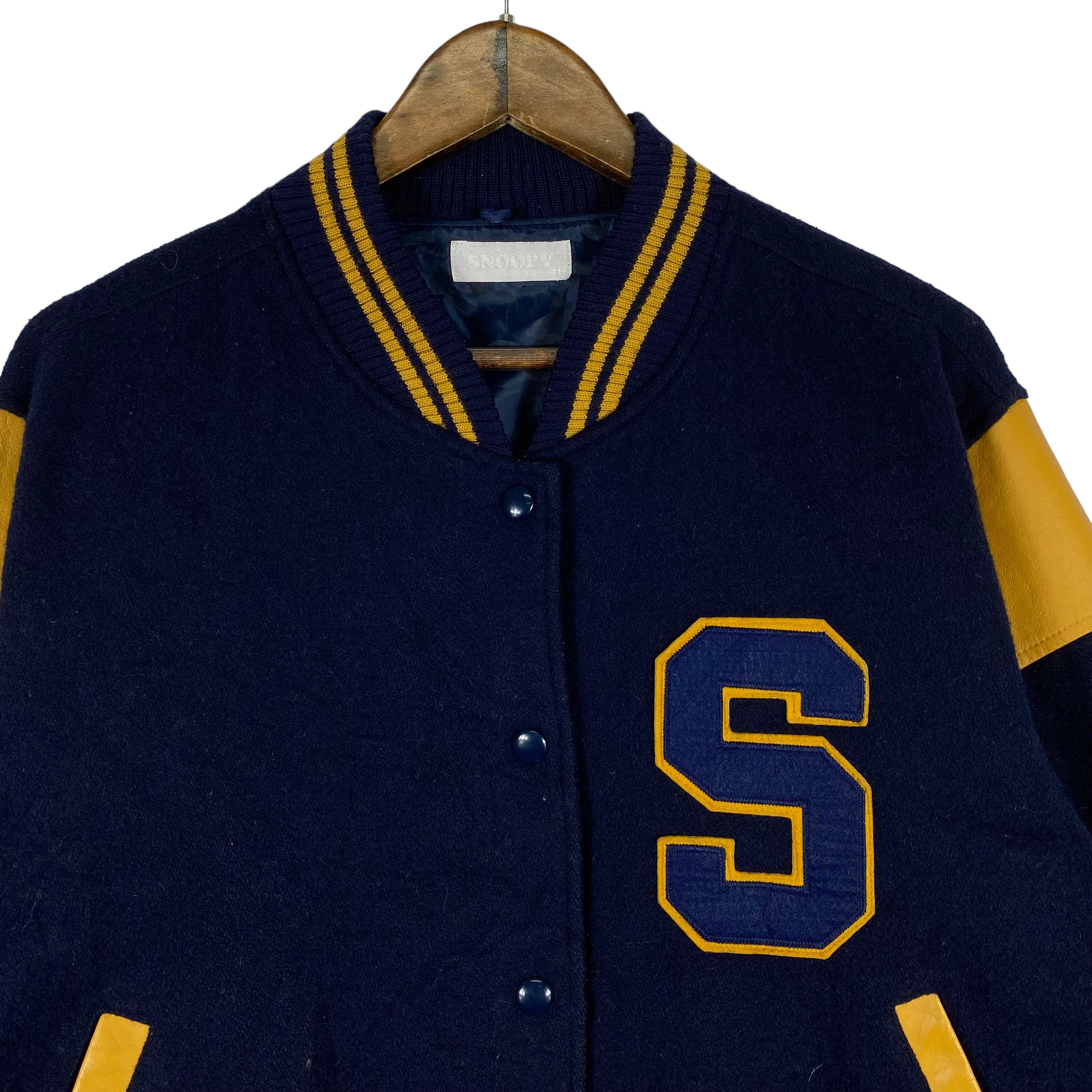 Vintage Snoopy Varsity Jacket Big Logo Spellout Navy Blue Bomber Light ...