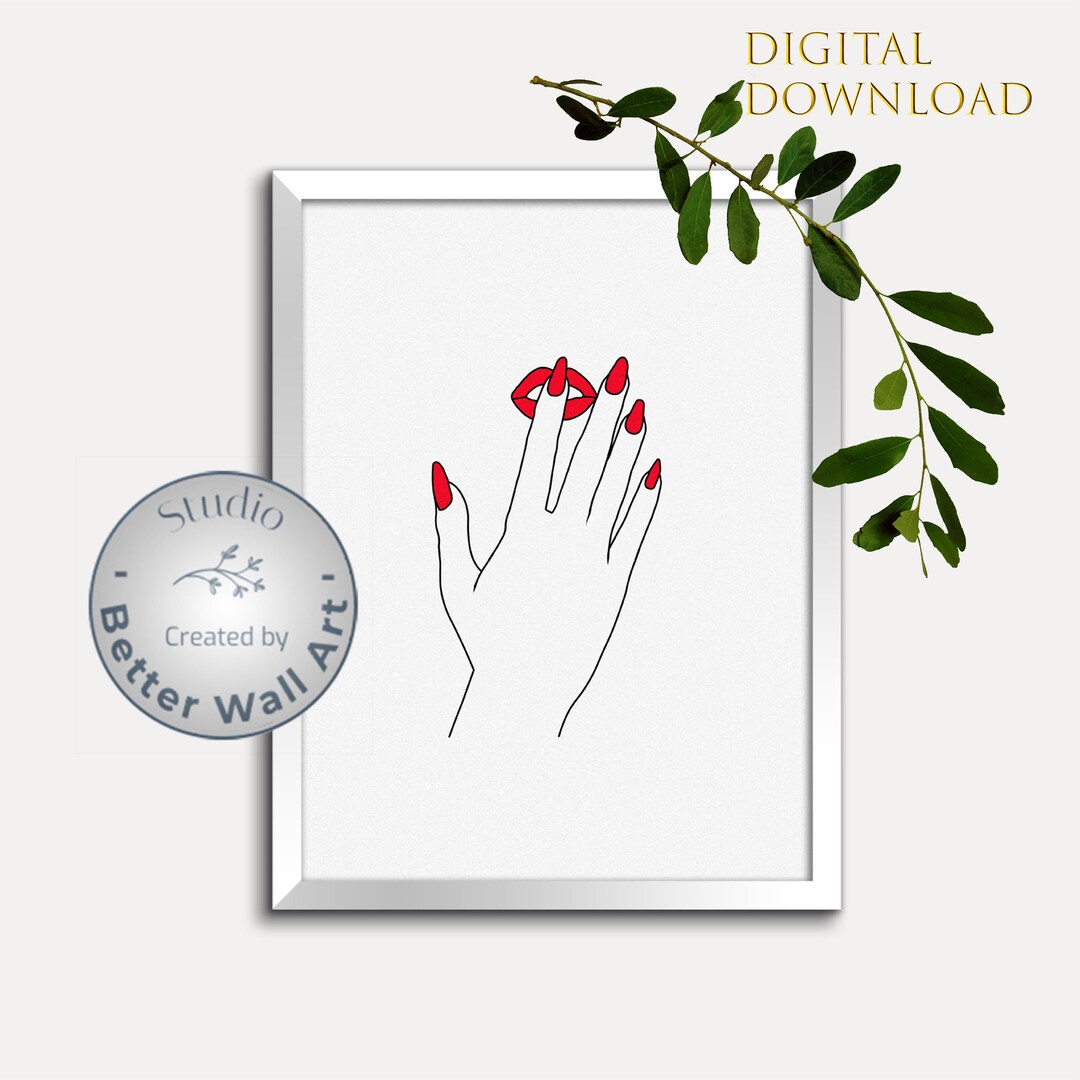 Inspiring Girl Hand Line Drawing Red Nails for Wall Art - Etsy