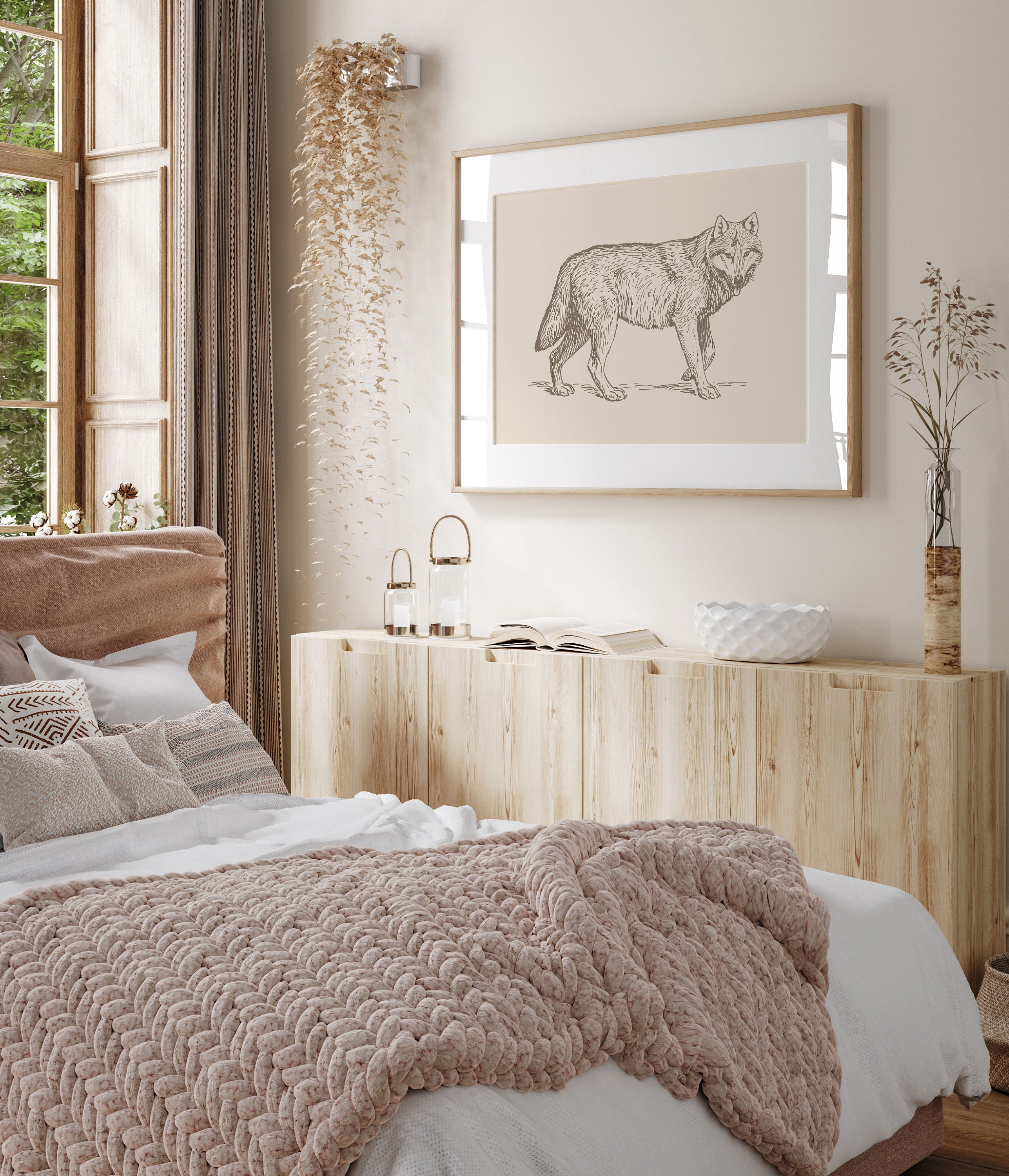Beige Wolf Illustration Print, Neutral Animal Wall Print, Boho Home ...