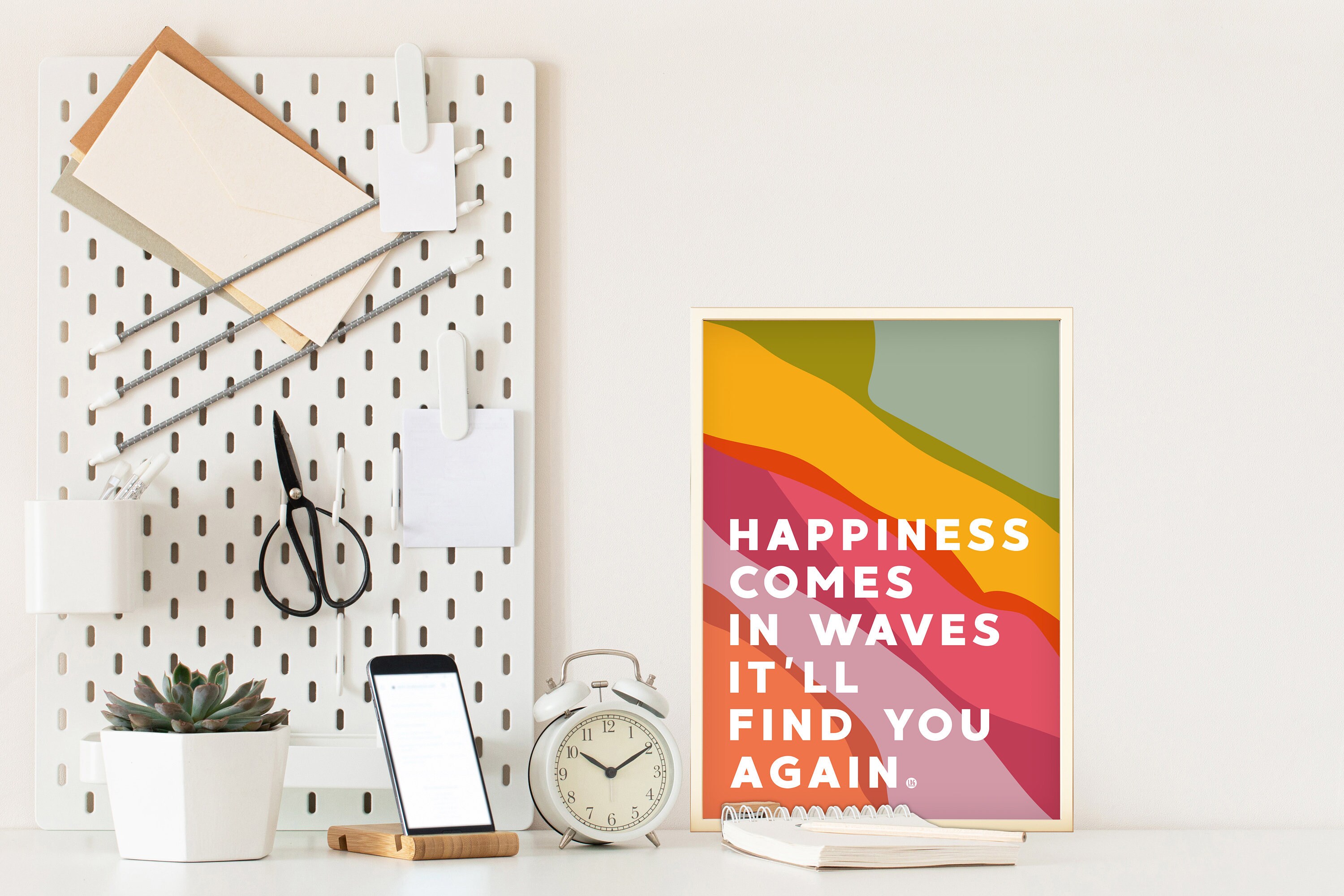 Rainbow slogan quote print 'Happiness Comes In Waves' | Etsy