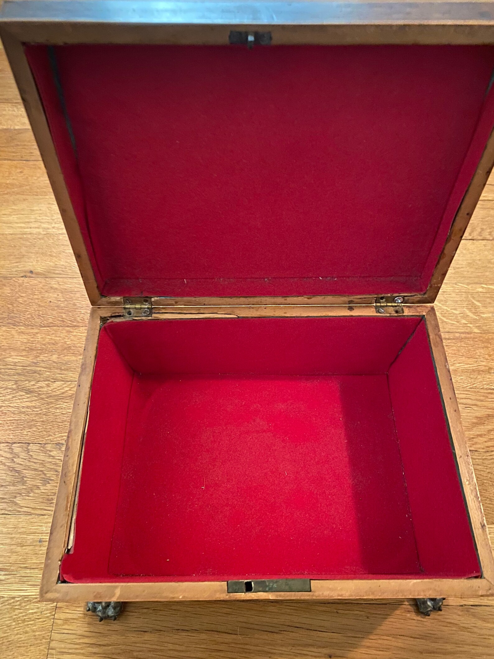 Antique Small Inlaid Wood Casket Box With Cast Brass Lion Feet and ...