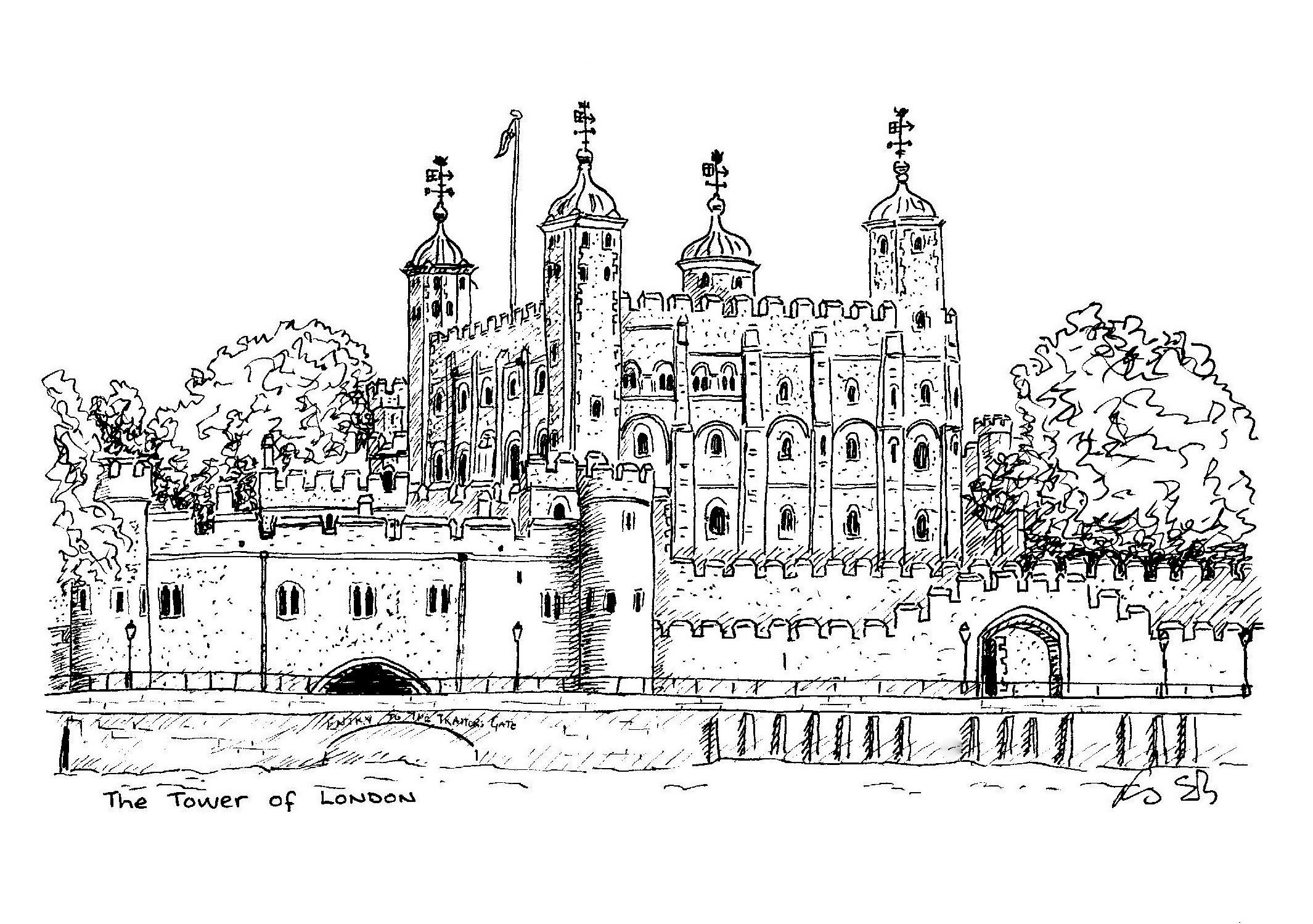 Tower of London Print, Line Drawing Illustration, Black & White - Etsy