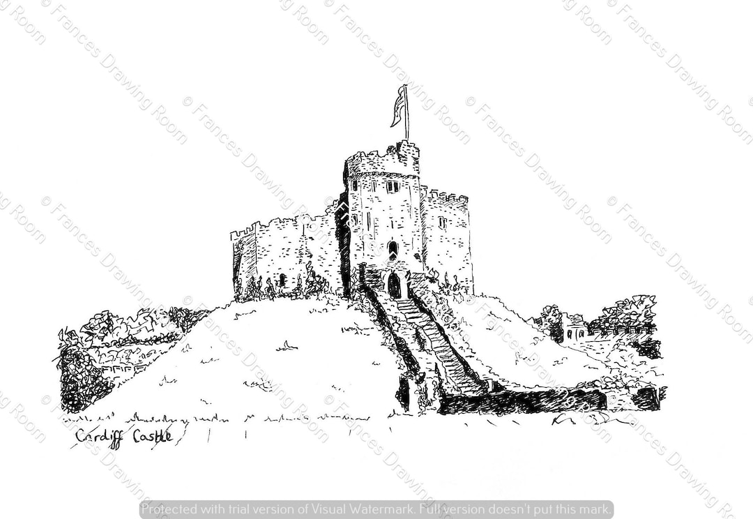 Cardiff Castle Postcard, Line Drawing Illustration, Black & White - Etsy
