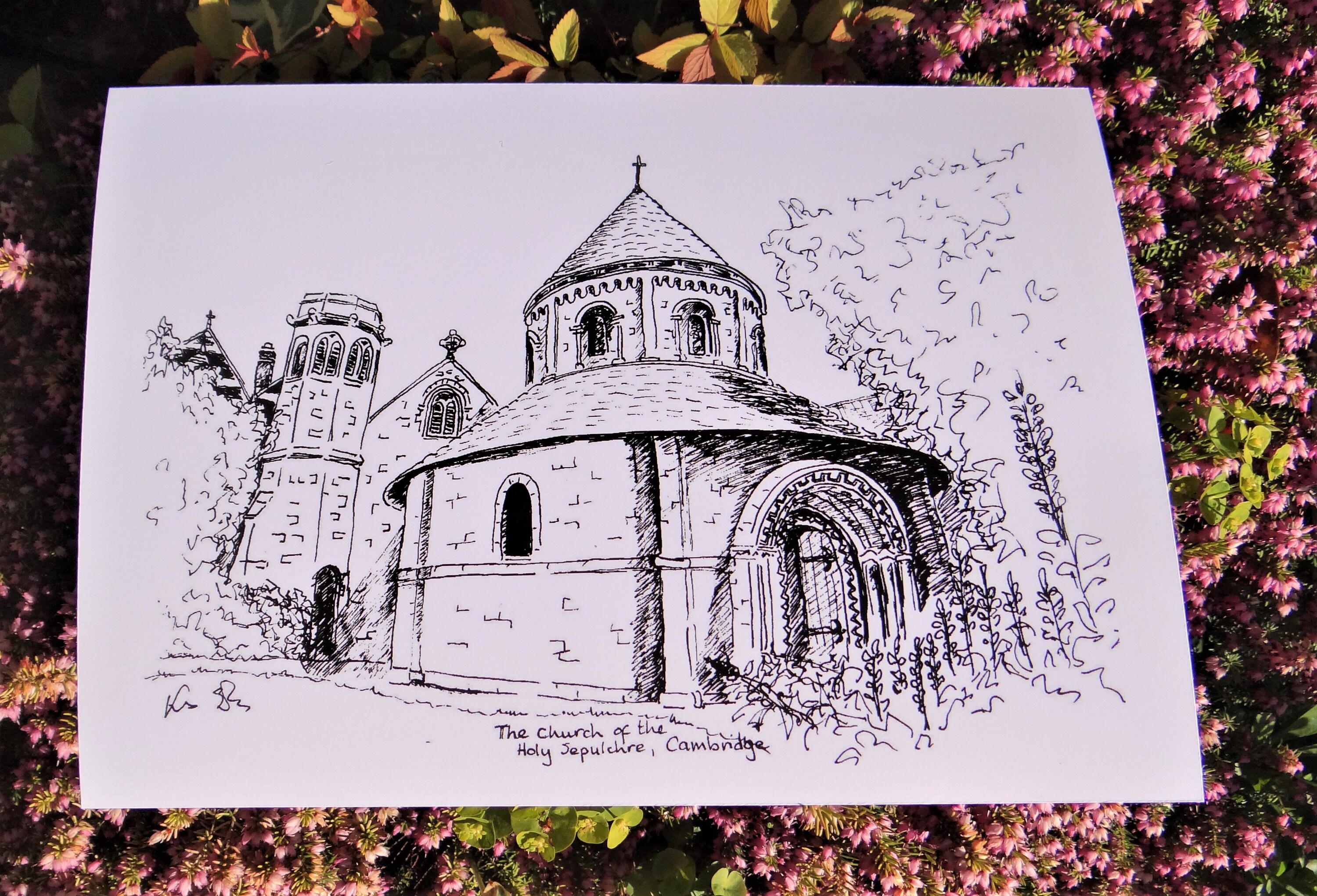 The Round Church Cambridge Print, Line Drawing Illustration, Black ...
