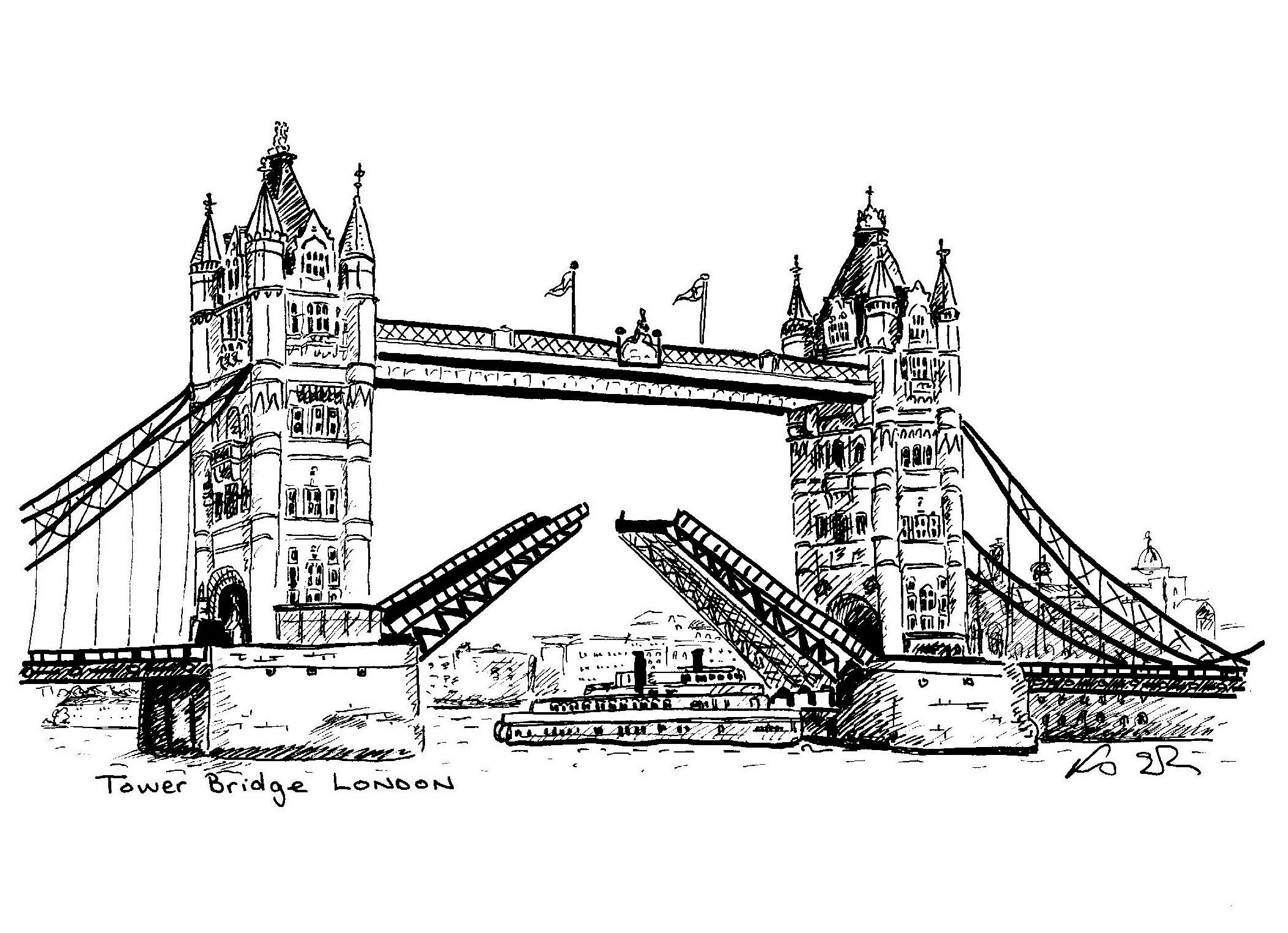 Tower Bridge, London Print, Line Drawing Illustration, Black & White ...