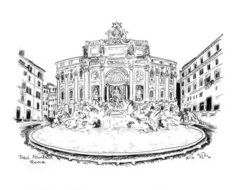 The Trevi Fountain Rome Picture Line Drawing Illustration - Etsy