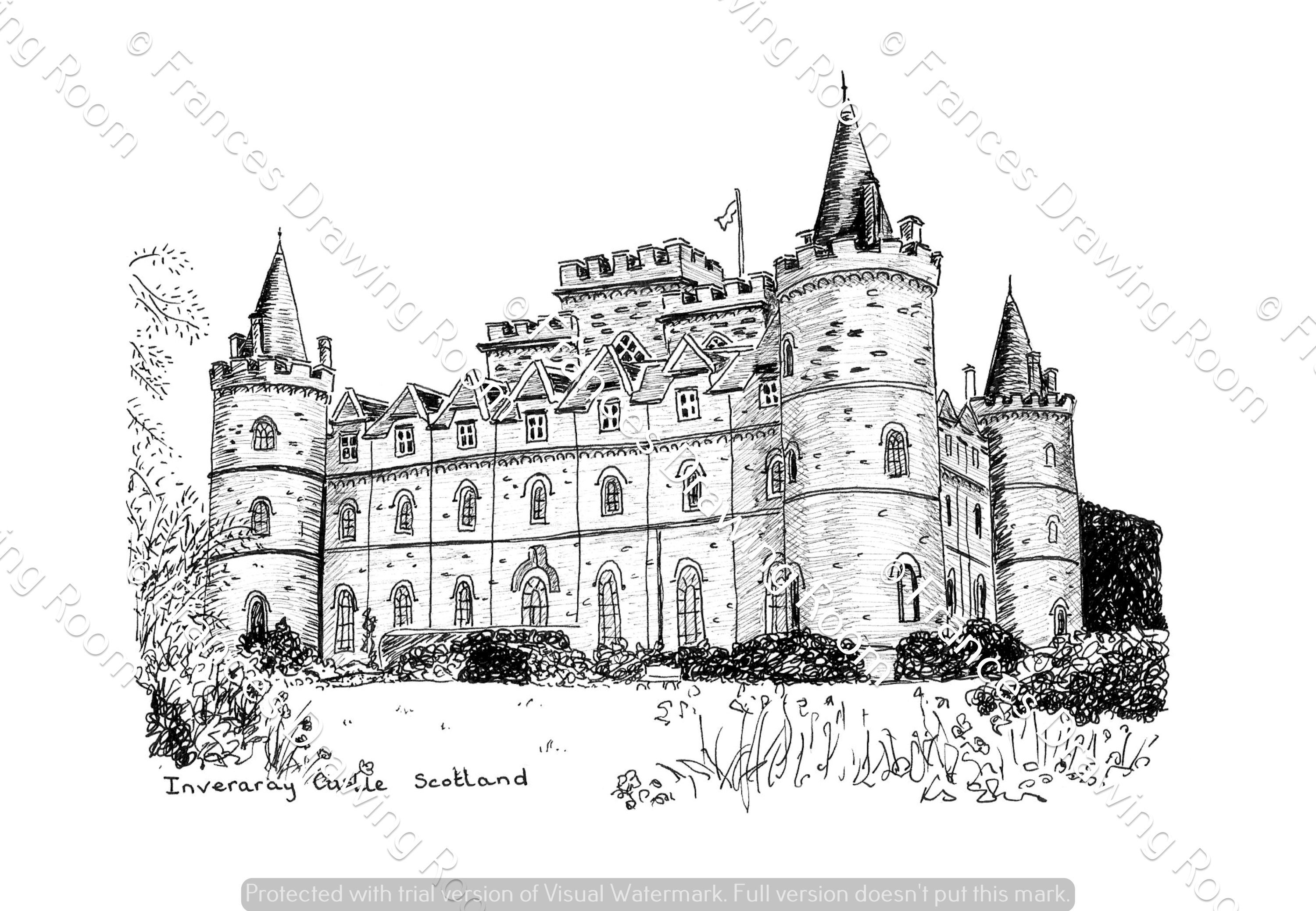 Inveraray Castle, Scotland Picture, Line Drawing Illustration, Black ...