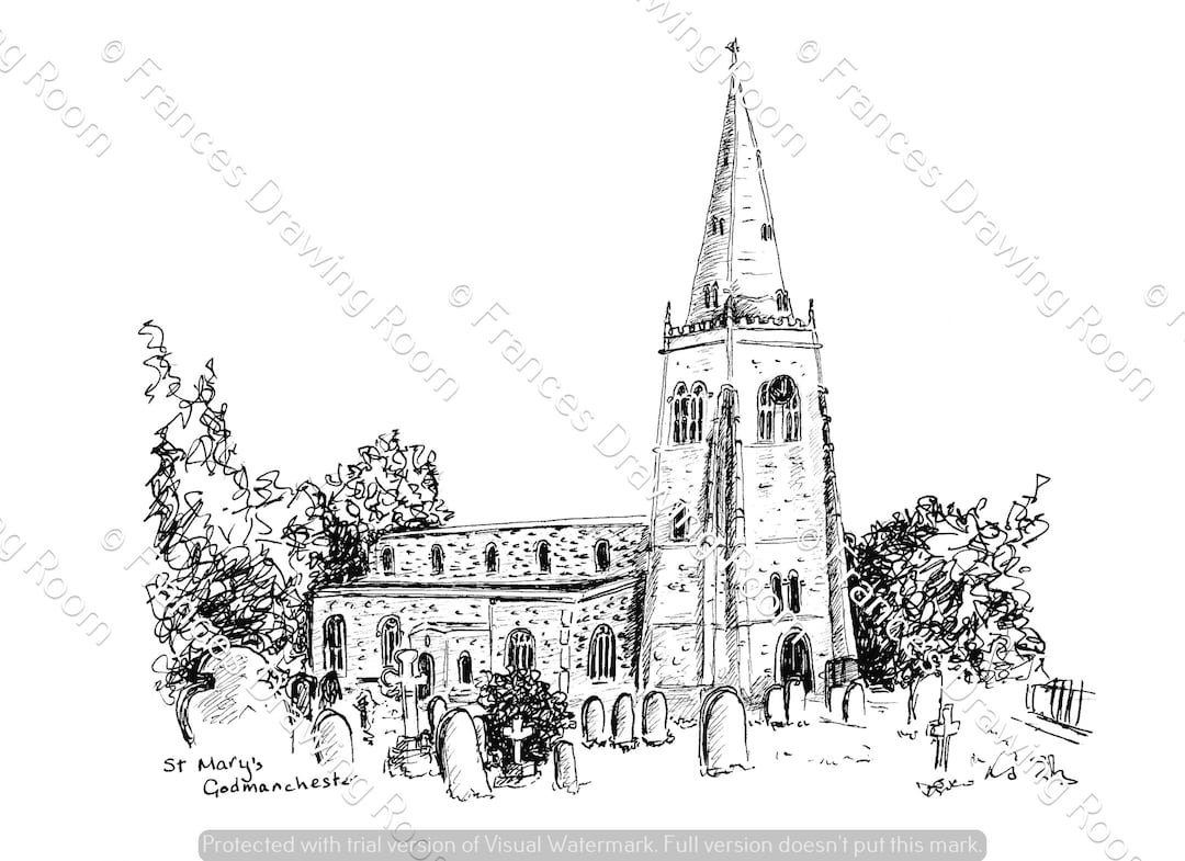 St. Mary's Church, Godmanchester Picture, Line Drawing Illustration ...