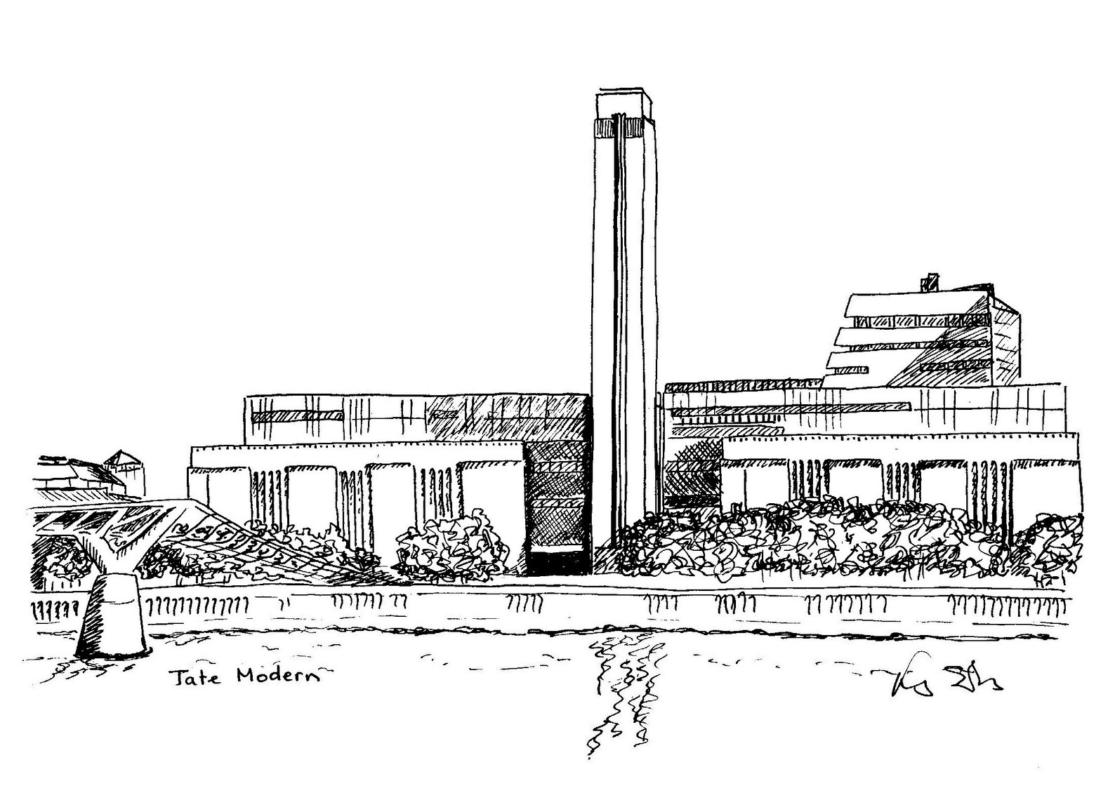 Tate Modern, London Postcard, Line Drawing Illustration, Black & White ...