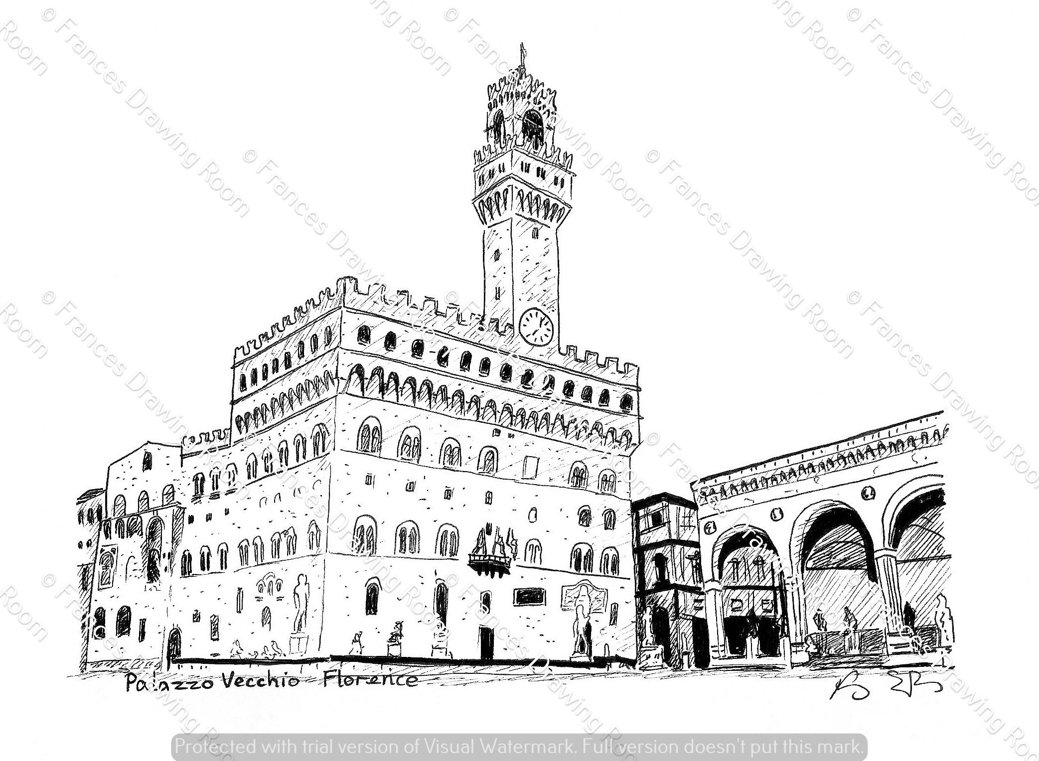 Palazzo Vecchio, Florence Italy Picture, Line Drawing Illustration ...