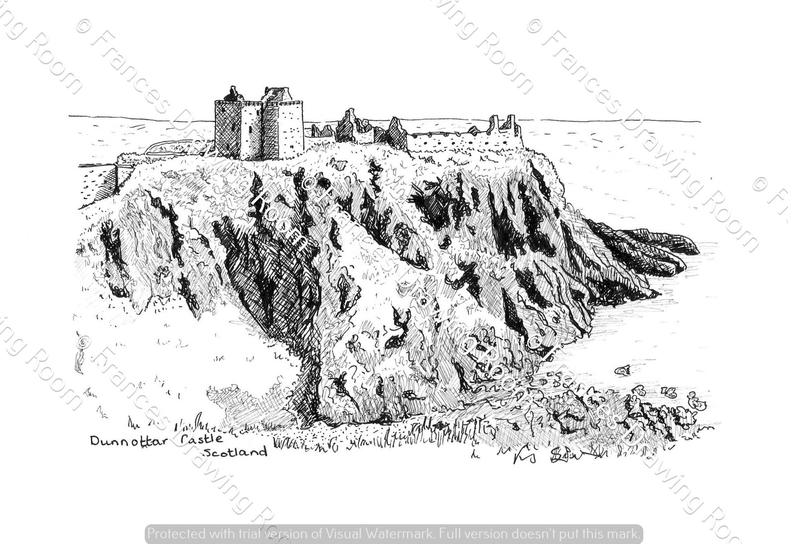 Dunnottar Castle, Scotland Picture, Line Drawing Illustration, Black ...