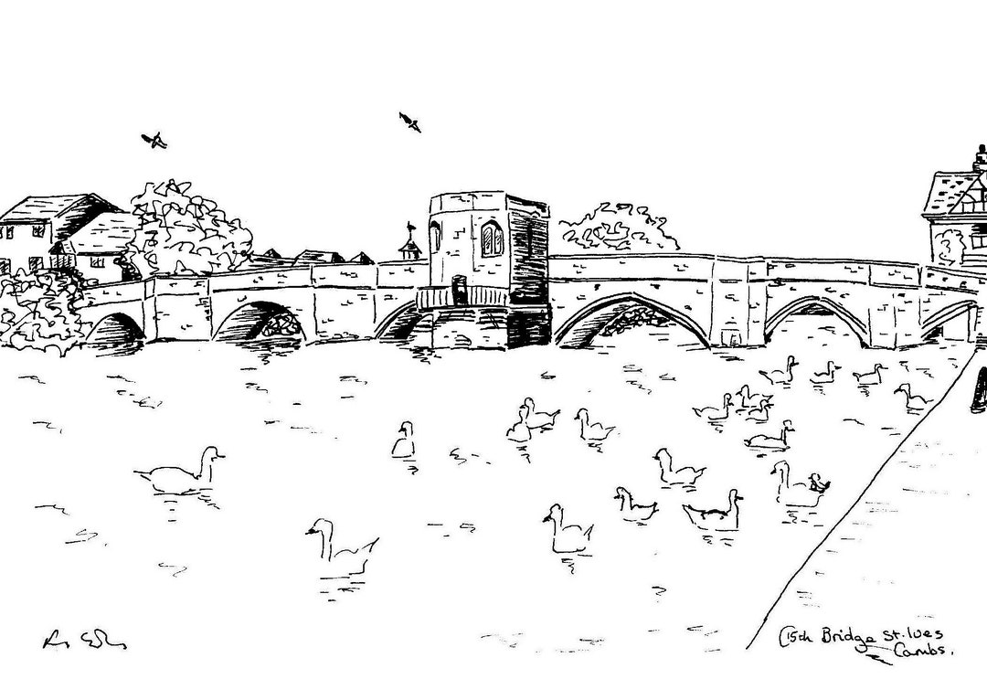 St. Ives Bridge, Cambridgeshire Print, Line Drawing Illustration, Black ...