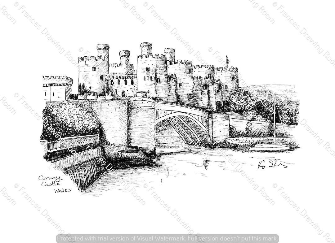 Conwy Castle, Wales Postcard, Line Drawing Illustration, Black & White ...