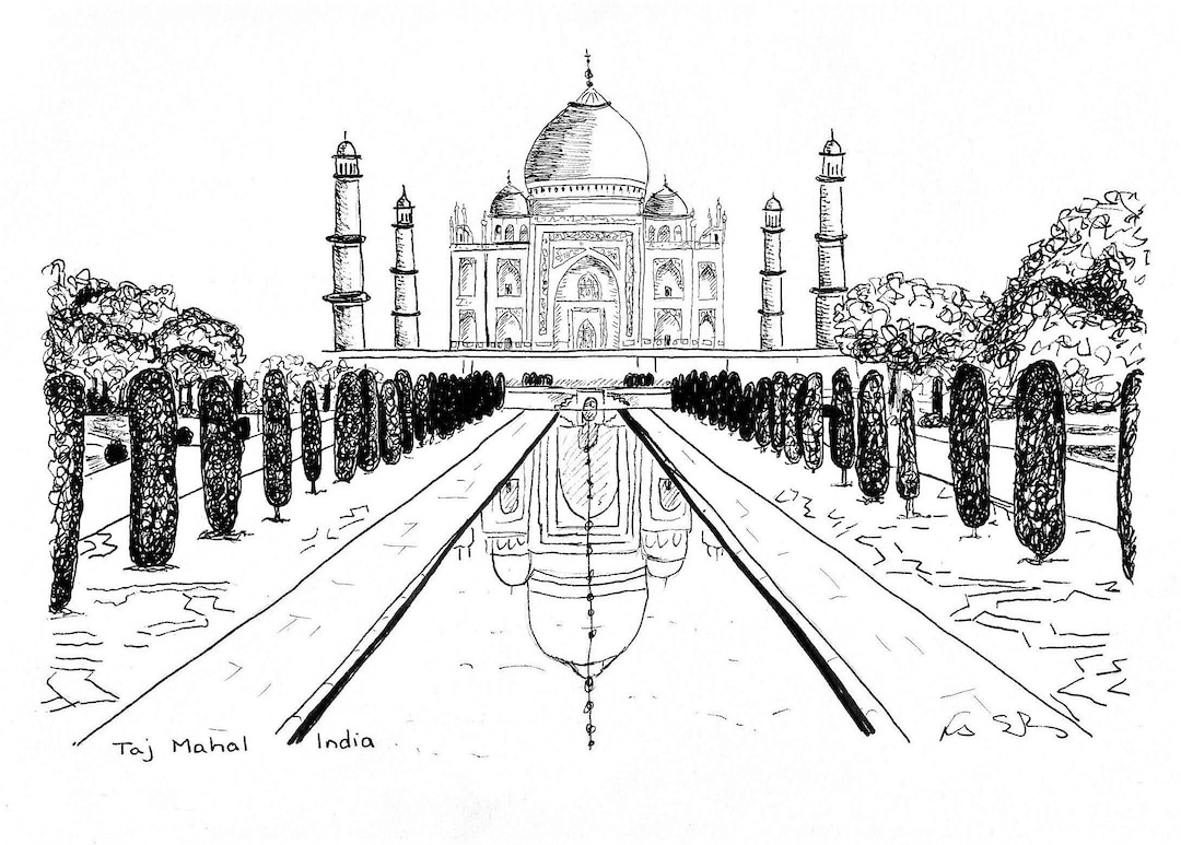Taj Mahal, India Print, Line Drawing Illustration, Black & White - Etsy