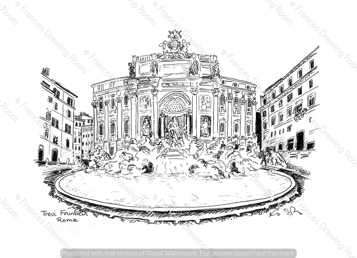 The Trevi Fountain, Rome Picture, Line Drawing Illustration, Black ...