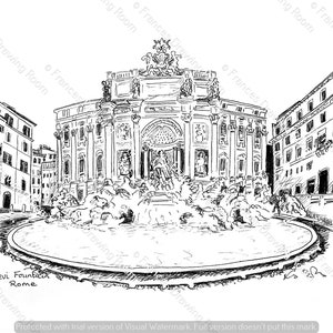 The Trevi Fountain, Rome Picture, Line Drawing Illustration, Black ...