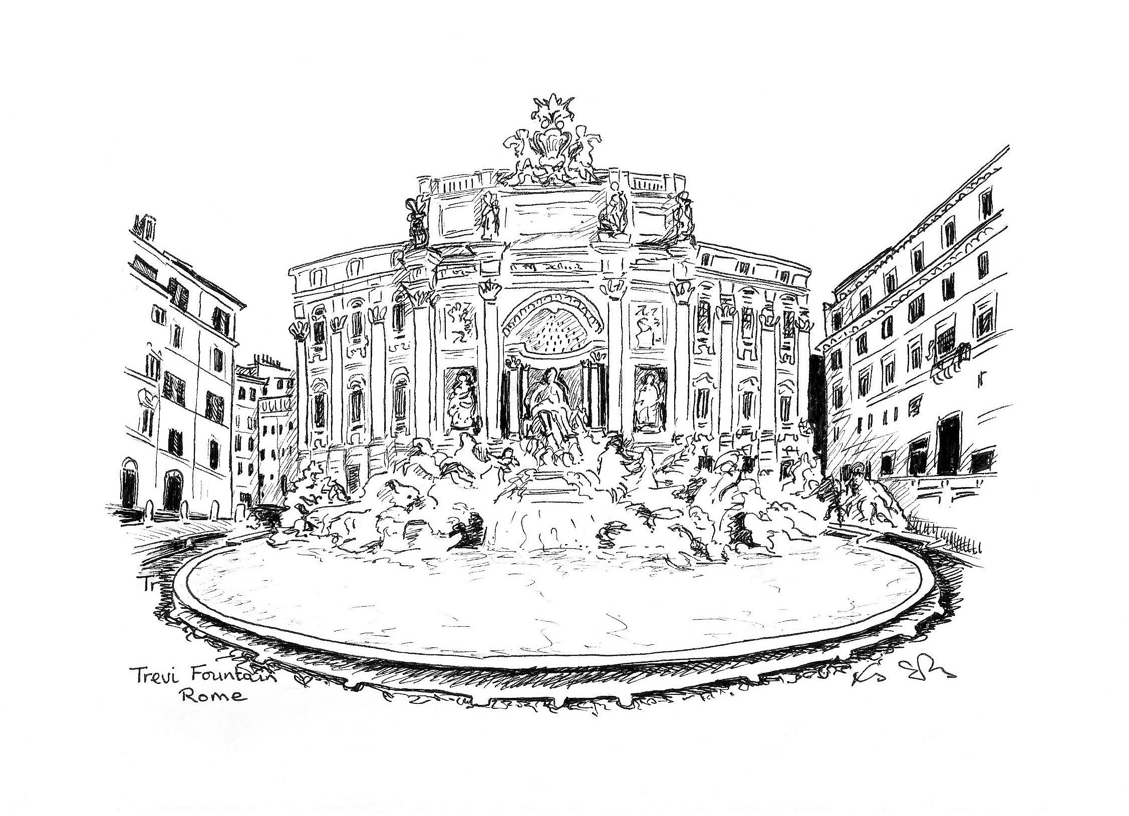 The Trevi Fountain Rome Picture Line Drawing Illustration - Etsy.de