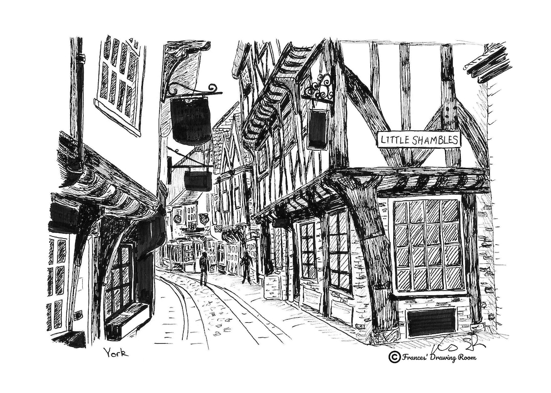 The Shambles, York Picture, Line Drawing Illustration, Black & White ...