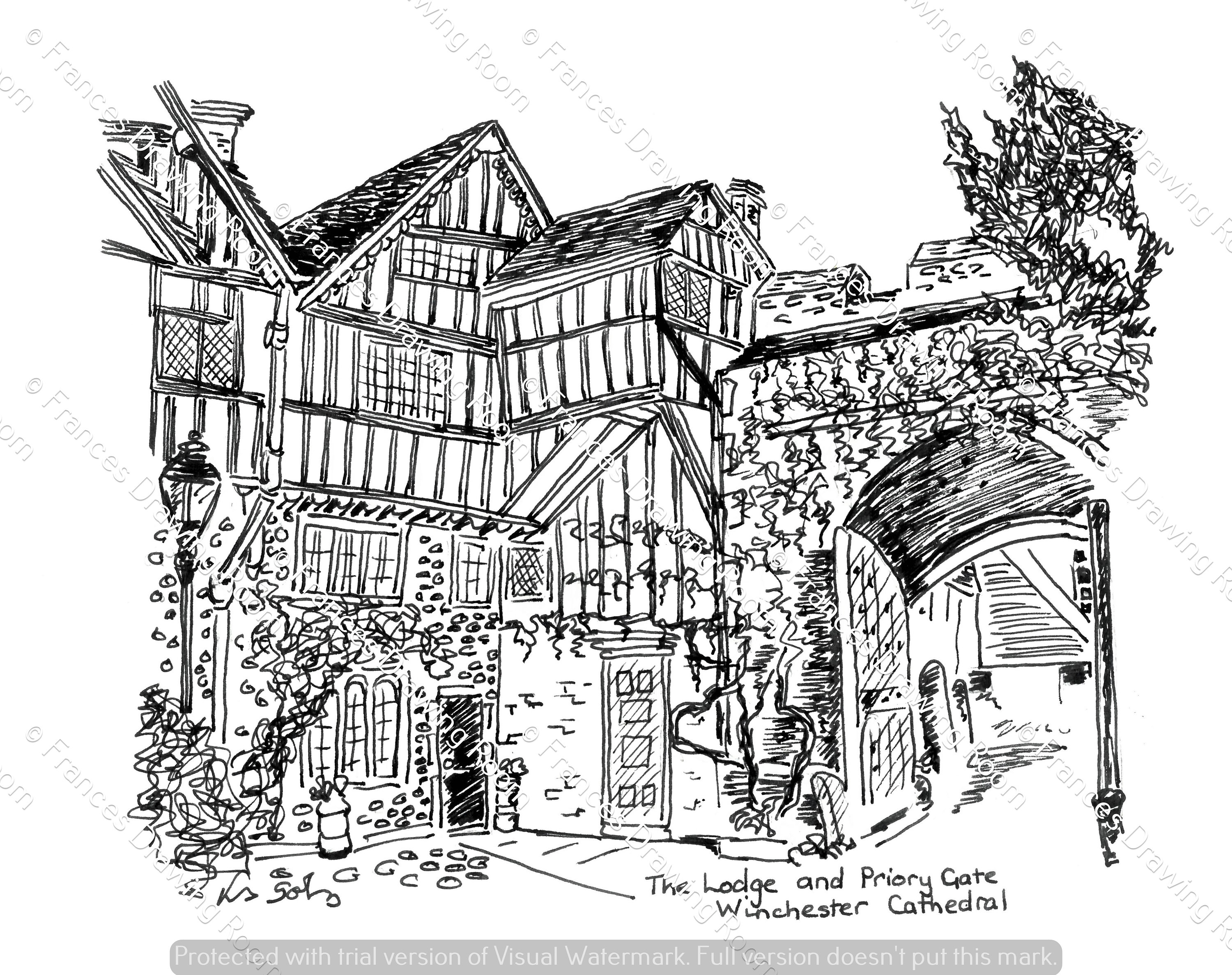 The Lodge and Priory Gate Winchester Cathederal Postcard, Line Drawing ...