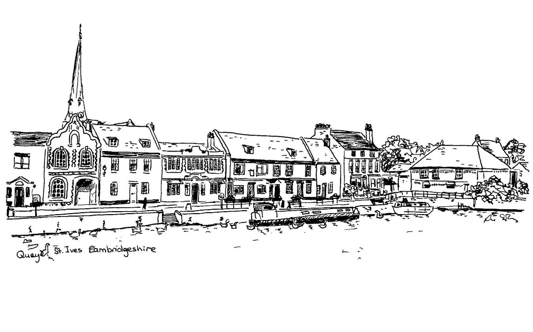 St. Ives Quay, Cambridgeshire Print, Line Drawing Illustration, Black ...