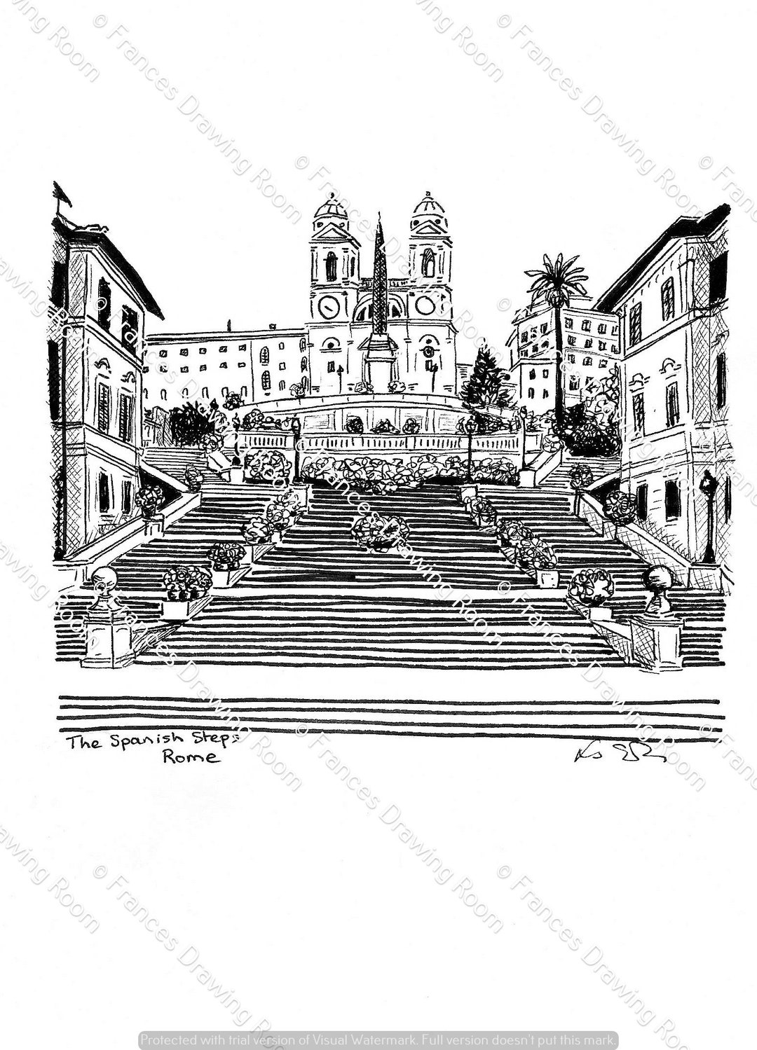 The Spanish Steps, Rome Picture, Line Drawing Illustration, Black ...