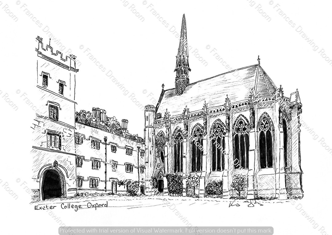 Exeter College, Oxford Print, Line Drawing Illustration, Black & White ...